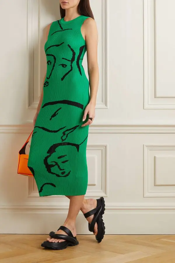 Zankov Aim Ribbed Intarsia-Knit Cotton-Blend Midi Dress In Green - 30% Off  | Editorialist