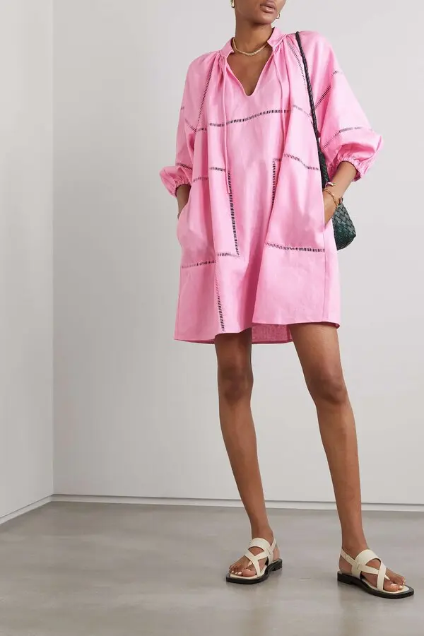 Oroton Gathered Linen Mini Dress - Bright Pink | Editorialist