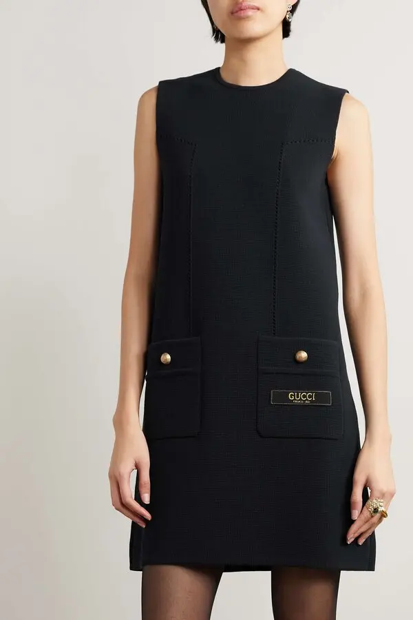Gucci Embroidered Pointelle-Knit Wool Mini Dress - Black | Editorialist
