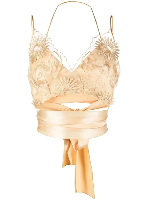 Alberta Ferretti Embroidered Silk Cropped Top - Neutrals