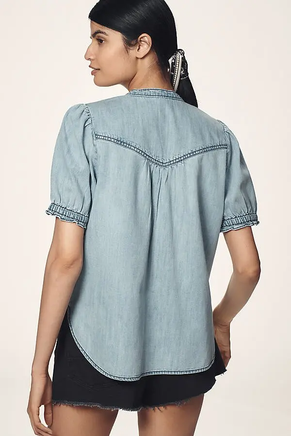 PILCRO Aly Denim Puff-sleeve Blouse - Light Denim