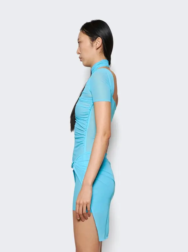 Coperni Asymmetric Draped Mesh Dress In Azure Blue - 40% Off | Editorialist