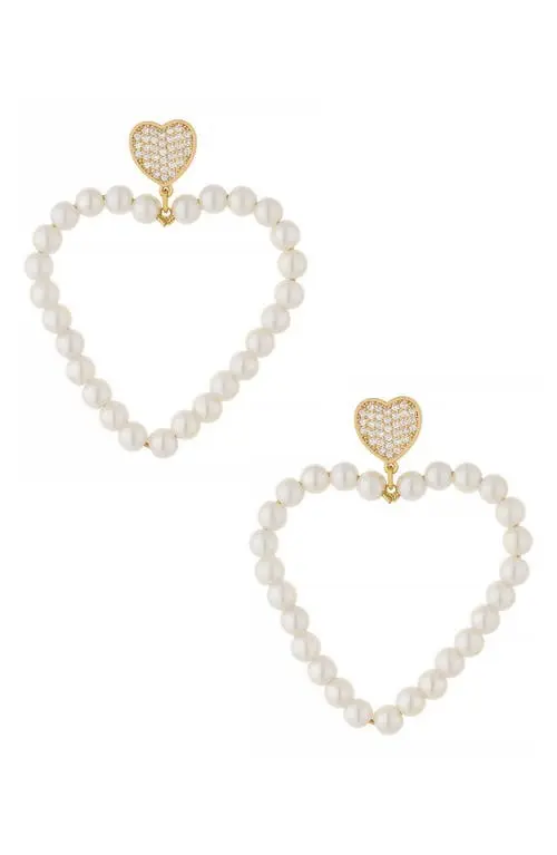Ettika Heart Shaped Imitation Pearl Drop Earrings - Gold