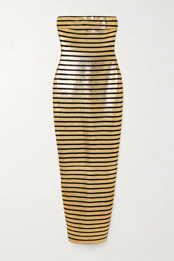 green emerald velvet dress Berrylush Women Yellow & White Stripe Printed V-Neck Open Back Straigh main image 1