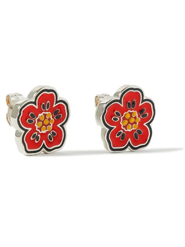 Kenzo Boke Flower Silver-Tone And Enamel Earrings - Red | Editorialist