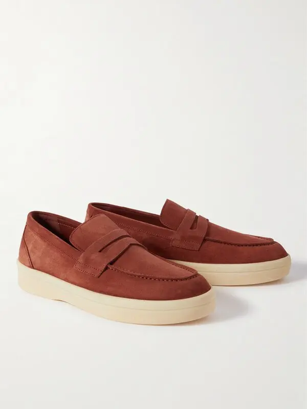 Loro Piana Ultimate Walk Suede Penny Loafers - Red | Editorialist
