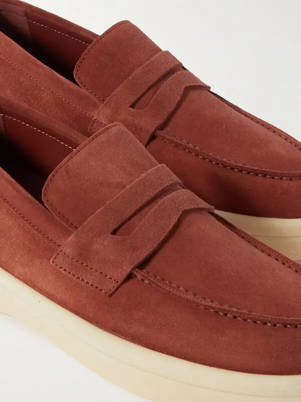 Loro Piana Ultimate Walk Suede Penny Loafers - Red | Editorialist