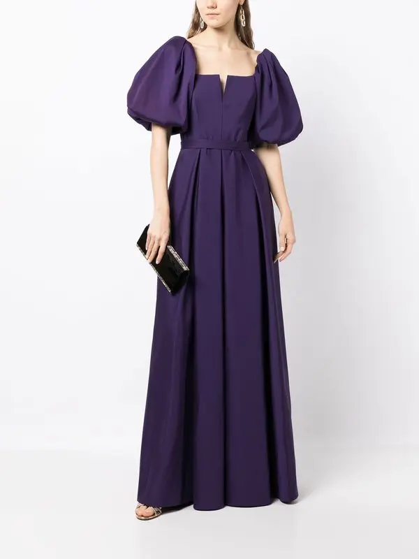 Alberta Ferretti Pleat-detail Gown With Puff Sleeves - Purple