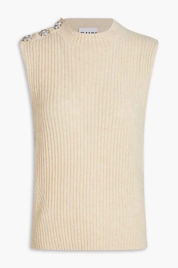 GANNI Crystal-embellished Ribbed Wool-blend Vest