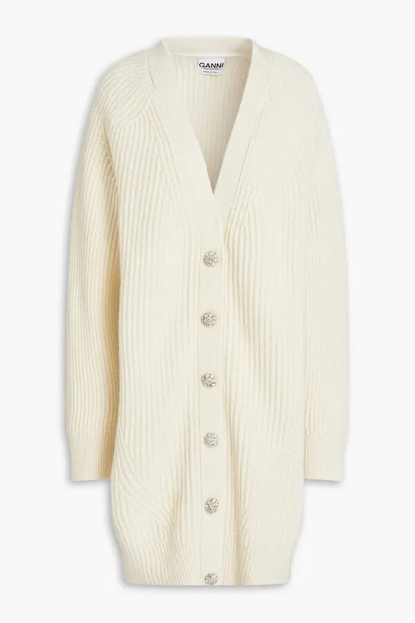 GANNI Crystalembellished Ribbed Recycled Woolblend Cardigan