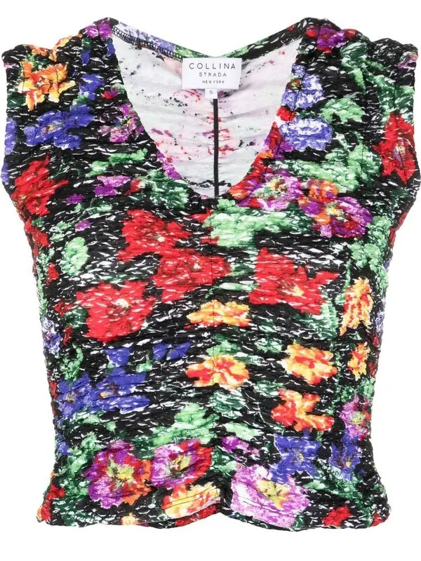 Collina Strada Floral-print Ruched Vest Top - Black