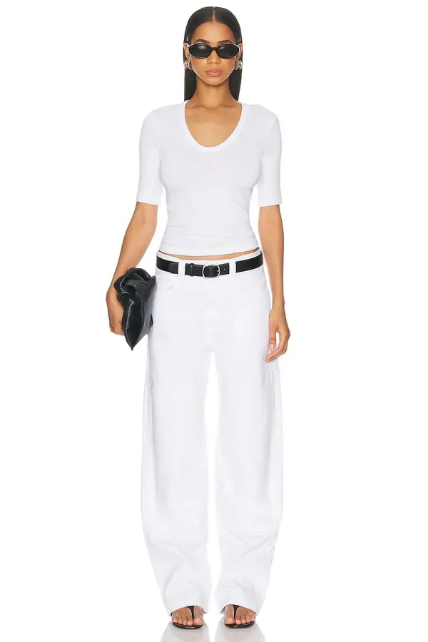 Enza Costa Textured Rib Half Sleeve U Neck Top - White