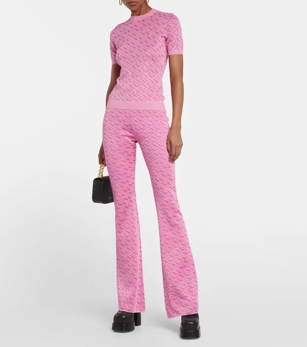 Versace La Greca Jacquard Silk-blend Flared Pants - Pink