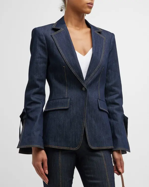 Cinq à Sept Lou Denim Blazer With Tie Cuffs Indigo Editorialist