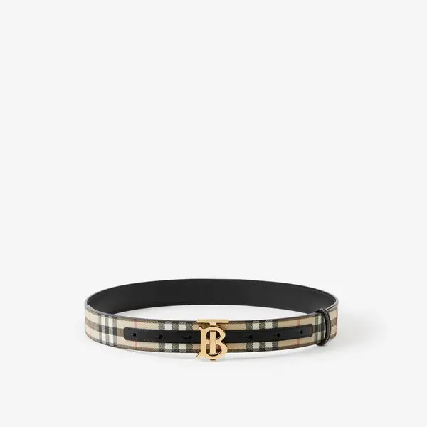Burberry Check And Leather Reversible Tb Belt - Archive Beige/black/gold