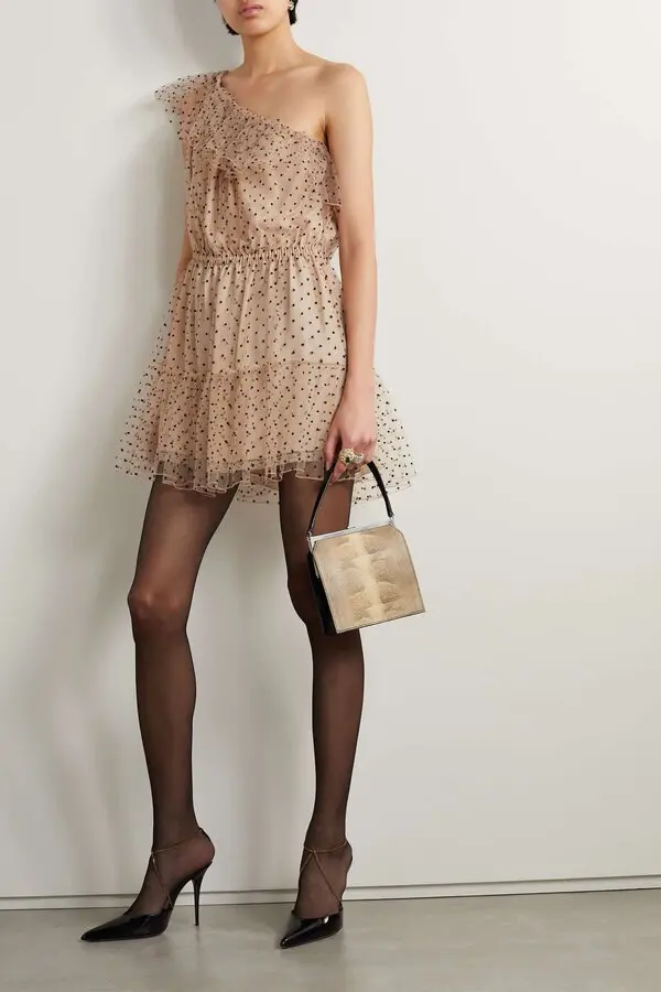 gucci one shoulder mini dress Gucci one-shoulder ruffle-trimmed point d'esprit tulle mini dress - Size 40