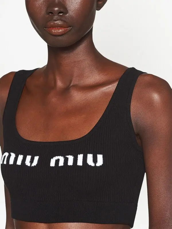Miu Miu Cropped Logo-Knit Tank Top - Black | Editorialist