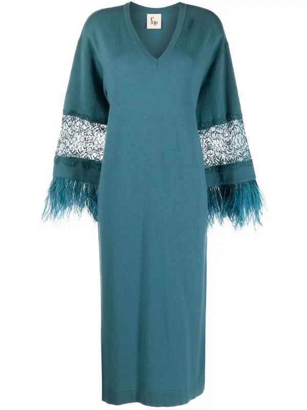 PAULA Floral-lace Detail Knitted Dress - Blue
