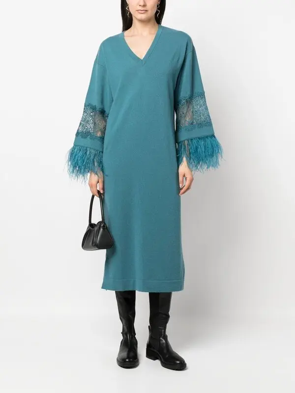 PAULA Floral-lace Detail Knitted Dress - Blue