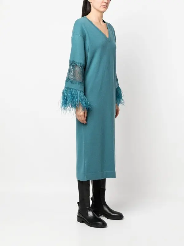PAULA Floral-lace Detail Knitted Dress - Blue