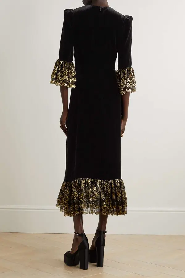aretha franklin gold dress Black Floral Jacquard Scallop Hem Midi Dress - All Dresses