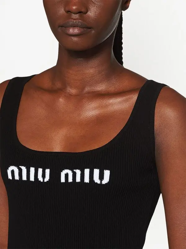 Miu Miu Logo-Knit Ribbed Tank Top - Black | Editorialist