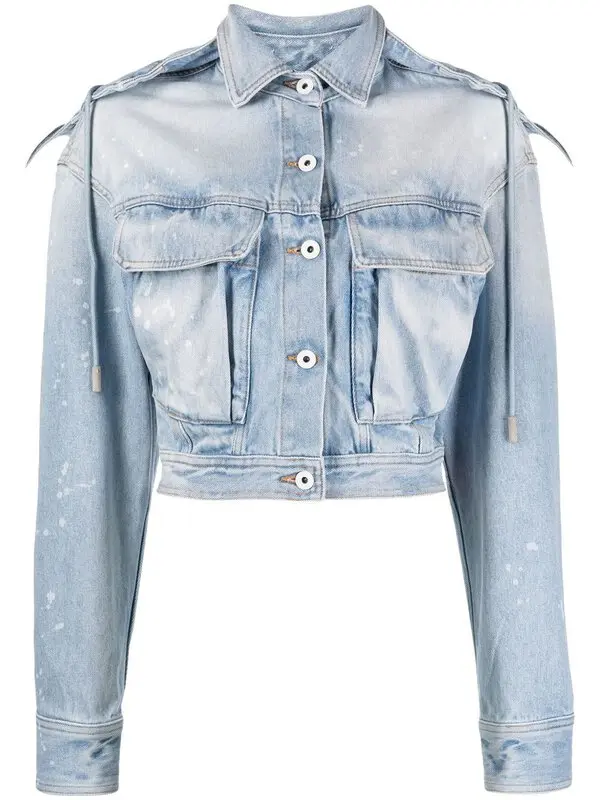 Off-White Distressed Cropped Denim Jacket - Blue