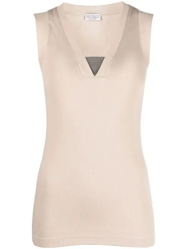Brunello Cucinelli Ribbed Tank Top With Monili Chain Detail - Neutrals