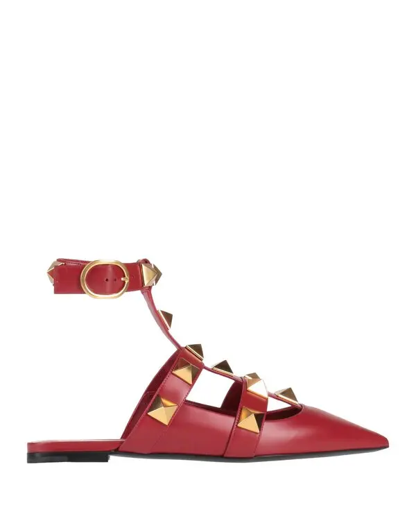 Valentino Garavani Leather Ballet Flats With Studs And Ankle Strap - Red