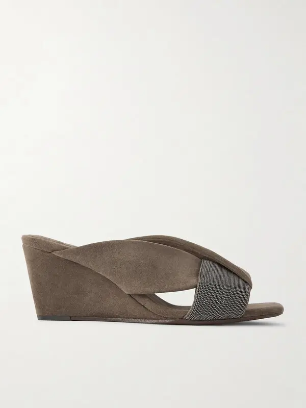 Brunello Cucinelli Bead-embellished Wedge Mules - Brown