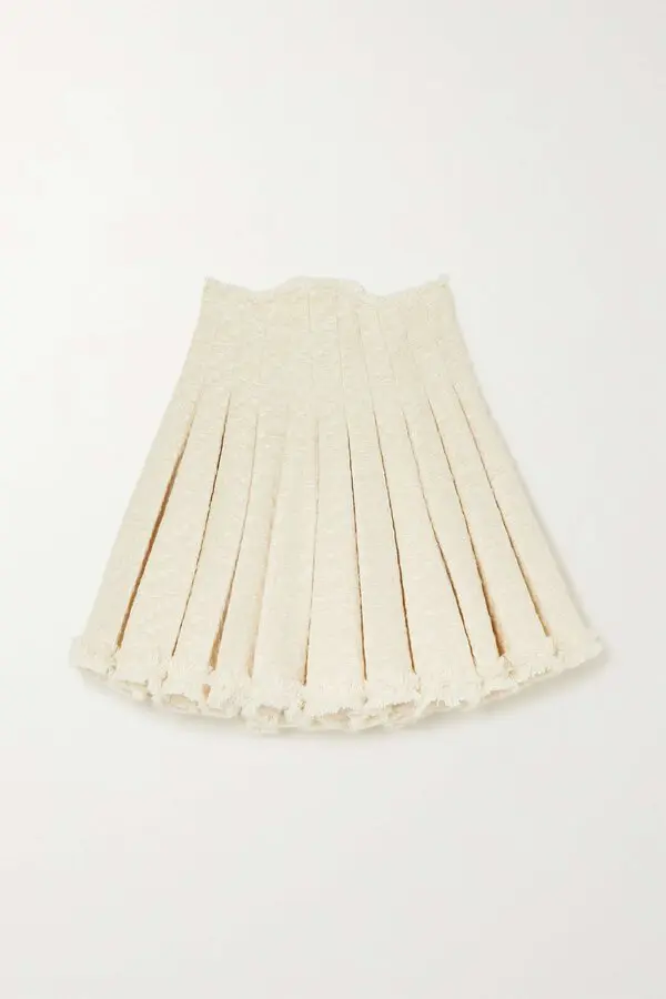 Balmain Frayed Pleated Cotton-blend Tweed Mini Skirt - Off-white