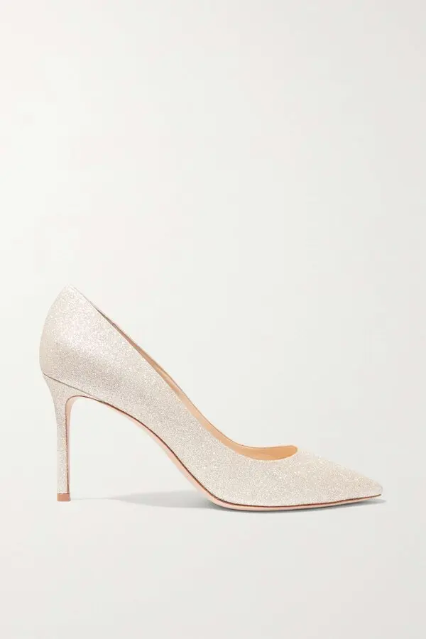 JIMMY CHOO Romy 85 Glittered Leather Pumps - Platinum