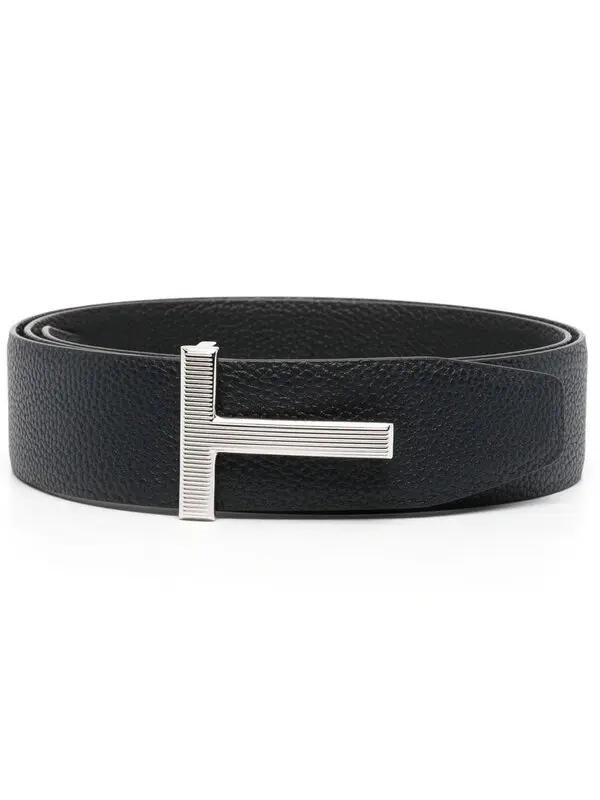 TOM FORD Grained Leather Belt With Logo Buckle - Blue
