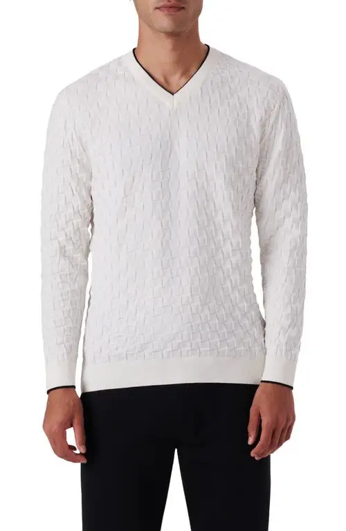 Bugatchi Basketweave Stitch V-neck Sweater - Chalk