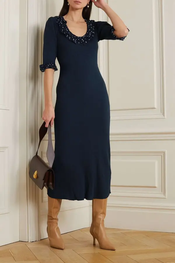 Rixo Giuliana Ruffled Ribbed-Knit Maxi Dress - Navy | Editorialist
