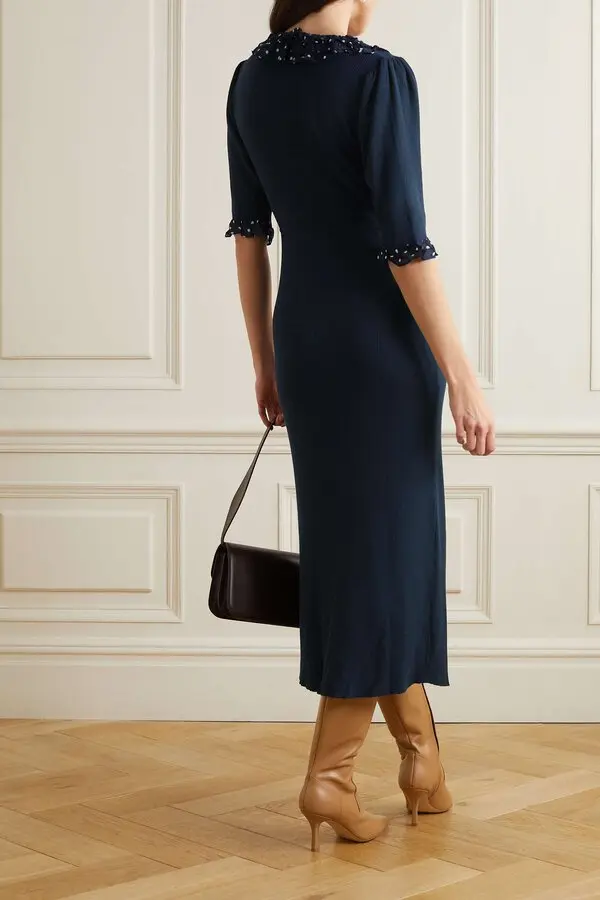 Rixo Giuliana Ruffled Ribbed-Knit Maxi Dress - Navy | Editorialist