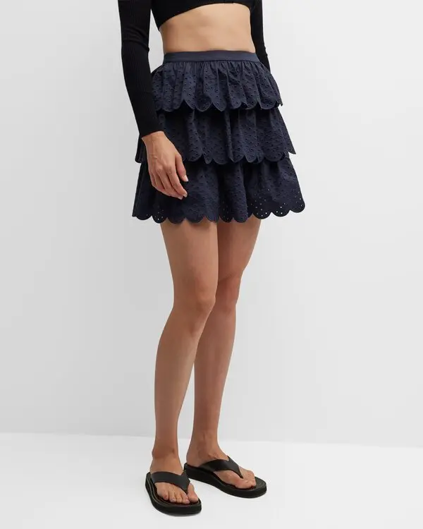 JASON WU Scalloped Tiered Eyelet Mini Skirt - Navy