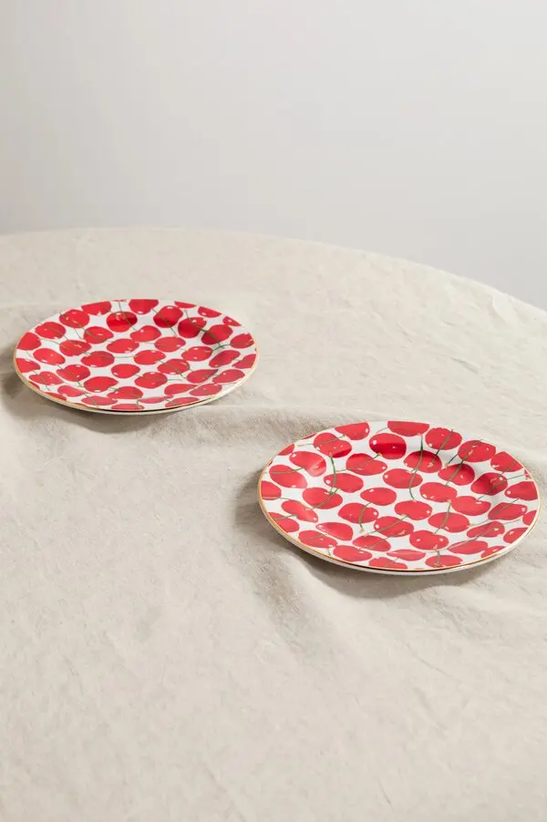 La DoubleJ Set Of Two 20cm Gold-plated Porcelain Dessert Plates - Red