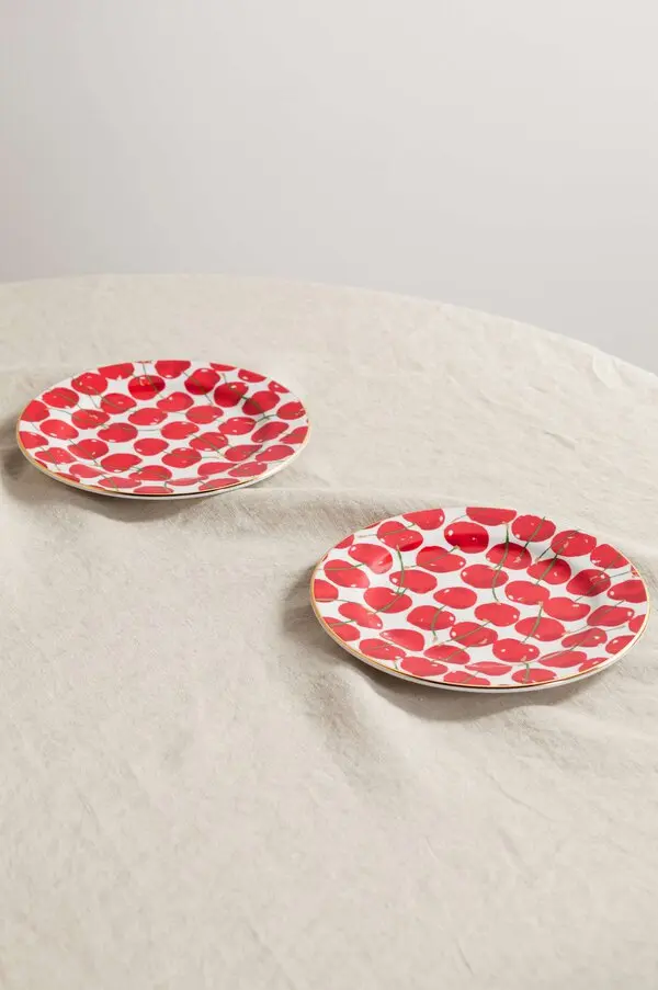 La DoubleJ Set Of Two 20cm Gold-plated Porcelain Dessert Plates - Red