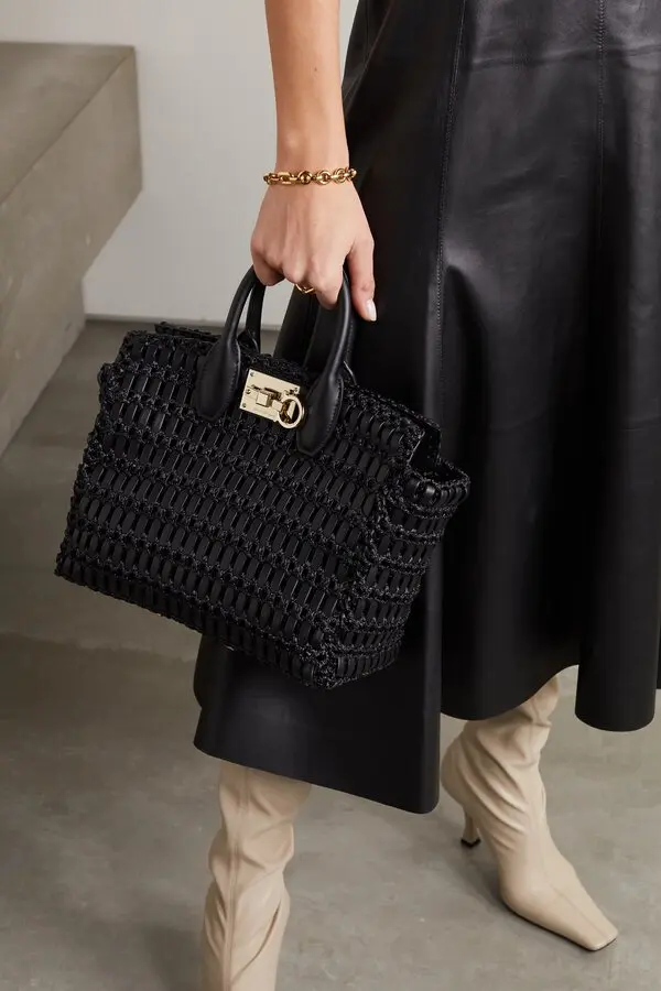 Ferragamo Studio Woven Leather And Raffia Tote - Black | Editorialist