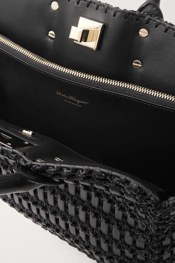Ferragamo Studio Woven Leather And Raffia Tote - Black | Editorialist