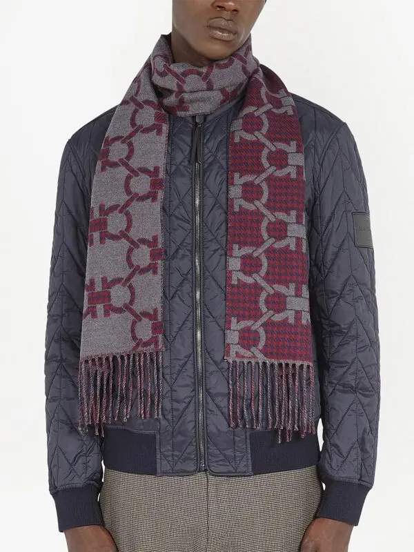 FERRAGAMO Gancini Print Frindged Scarf - Blue