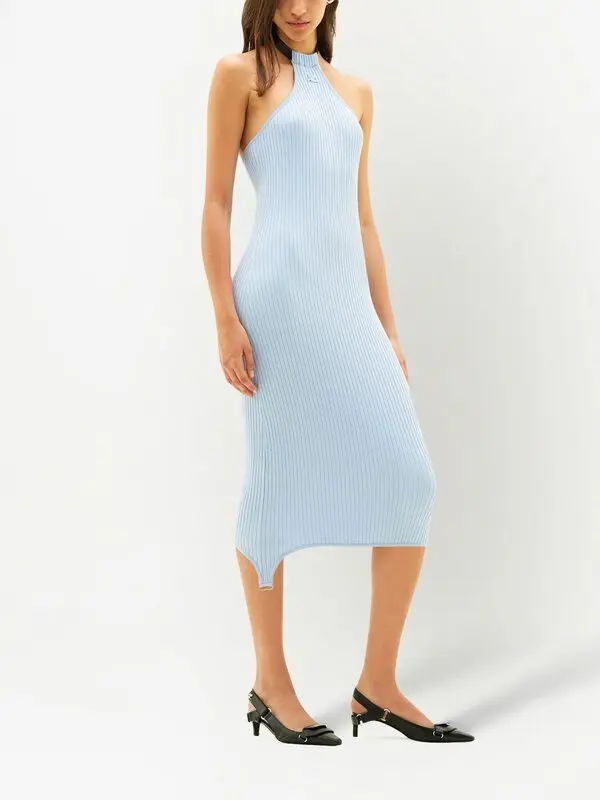 COURREGES Ribbed-knit Halterneck Long Dress - Blue