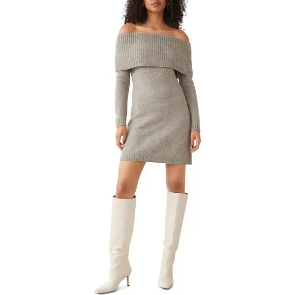 & Other Stories Off The Shoulder Long Sleeve Wool Blend Sweater Minidress - Beige Melange