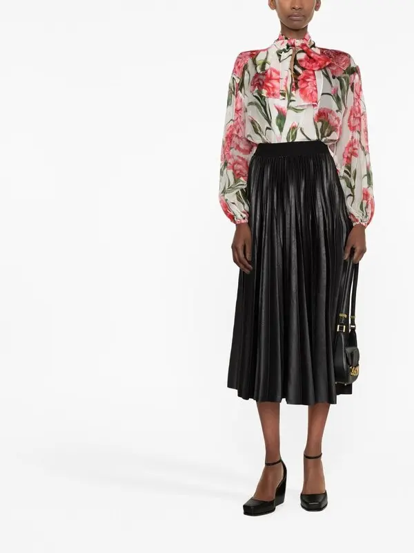 Dolce & Gabbana Carnation-print Tie-neck Silk Blouse - White