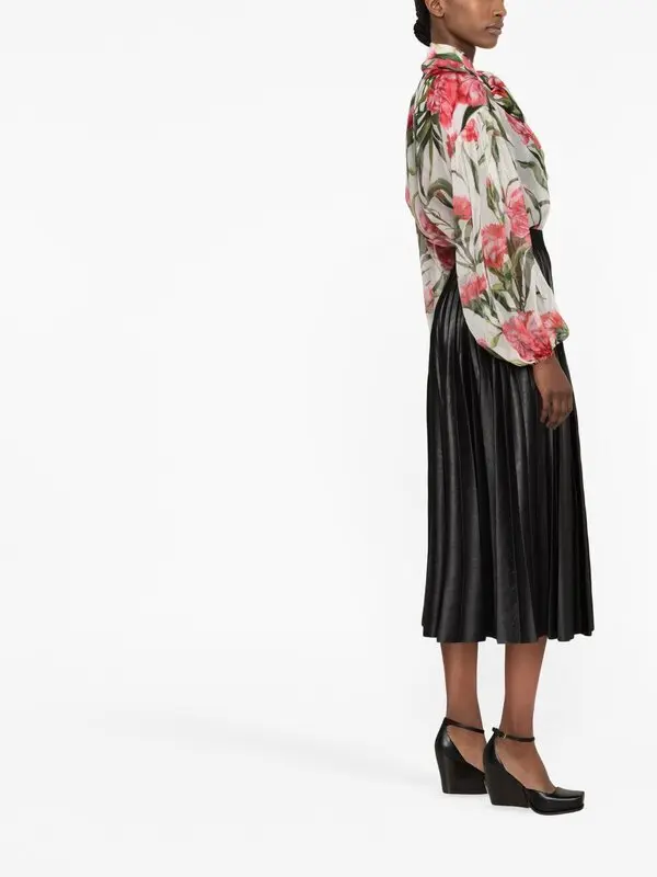 Dolce & Gabbana Carnation-print Tie-neck Silk Blouse - White