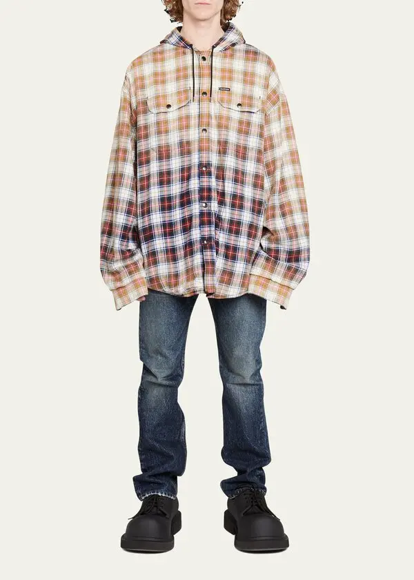 Balenciaga Bleached Flannel Shirt Jacket W/ Hood In Whbk/Gn/Rd