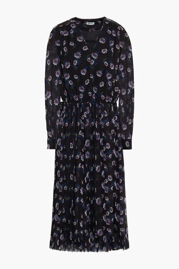 Kenzo Pleated Floralprint Georgette Midi Dress - Black