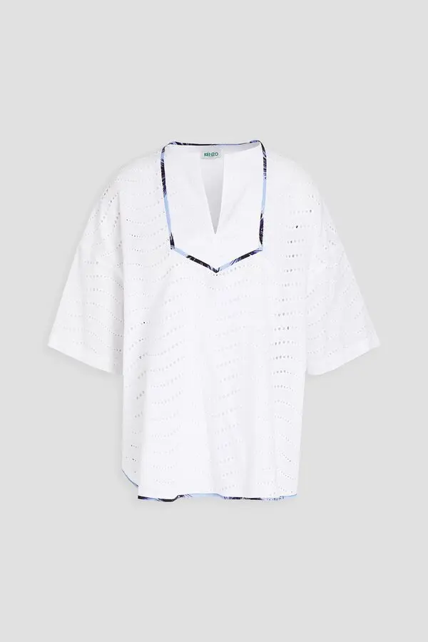 Kenzo Broderie Anglaise Cotton Top With Printed Trims - White