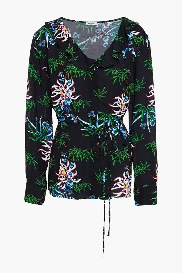Kenzo Ruffletrimmed Floralprint Crepe Blouse - Black